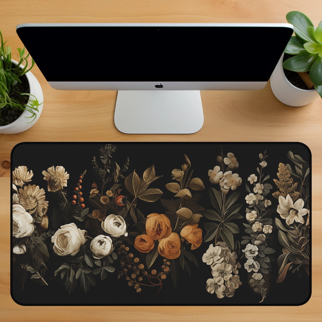 Dark Cottagecore Desk Mat, Floral Botanical Desk Mat, Vintage Floral ...