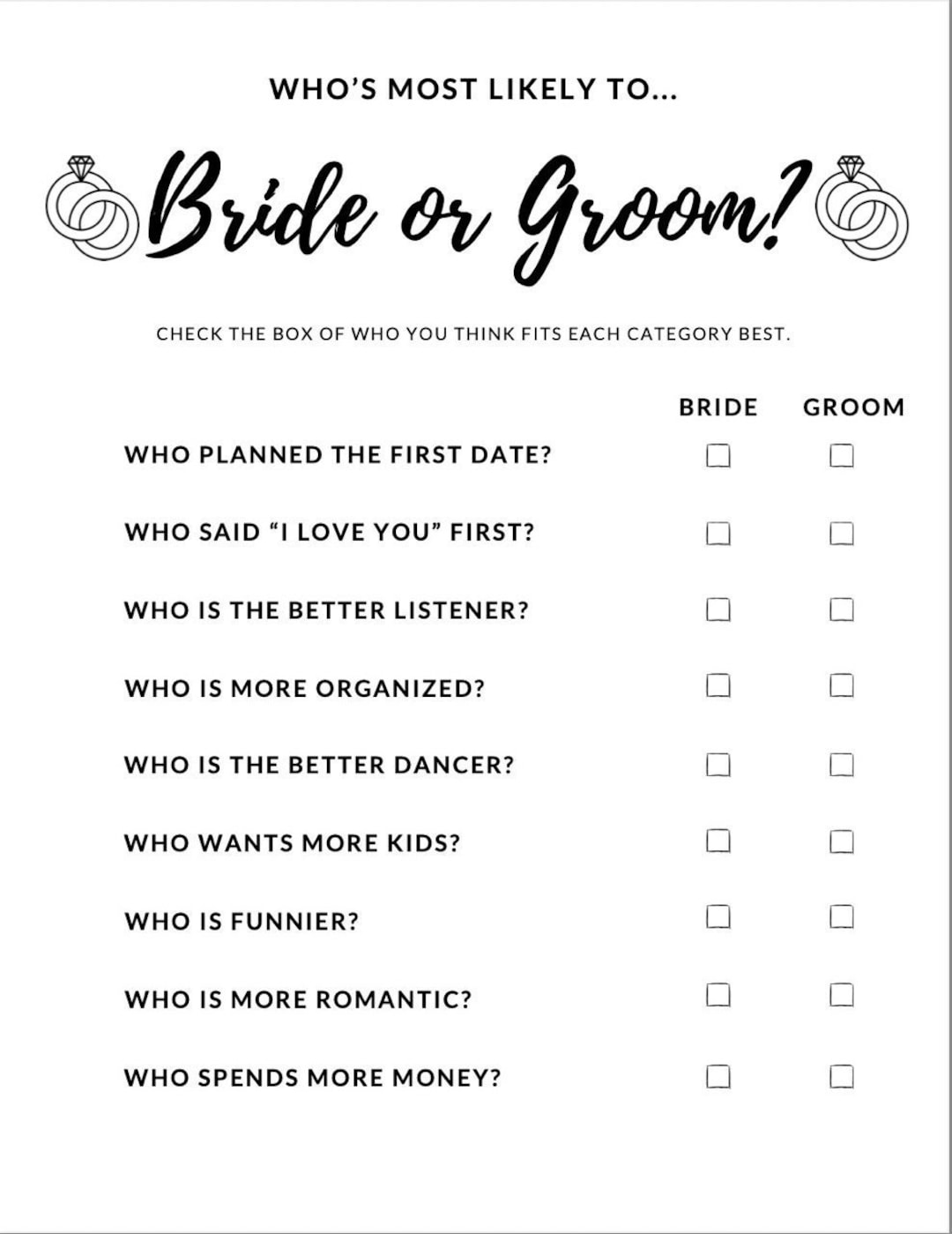 Most Likely To Bride Or Groom Bridal Shower Game Etsy