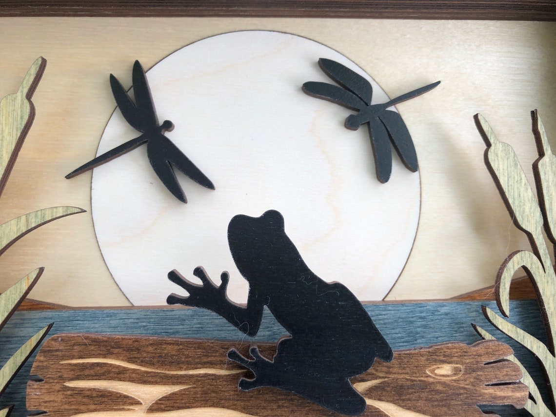 Frog on A Log With Dragonflies 3D Wood Shadow Box Scene / | Etsy