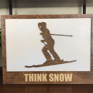 Skier "think Snow" Funny Wall Plaque / 3D Laser Cut Wood / Handcrafted ...