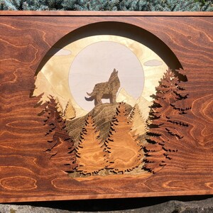 Howling Wolf 3D Wood Shadow Box Wilderness Scene / Inlaid and Laser Cut ...
