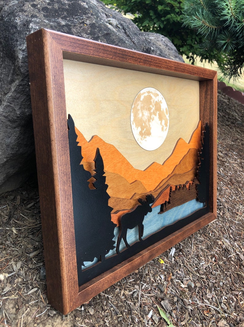 Moose in Forest by Lake Mountains / 3D Solid Wood Shadow Box | Etsy