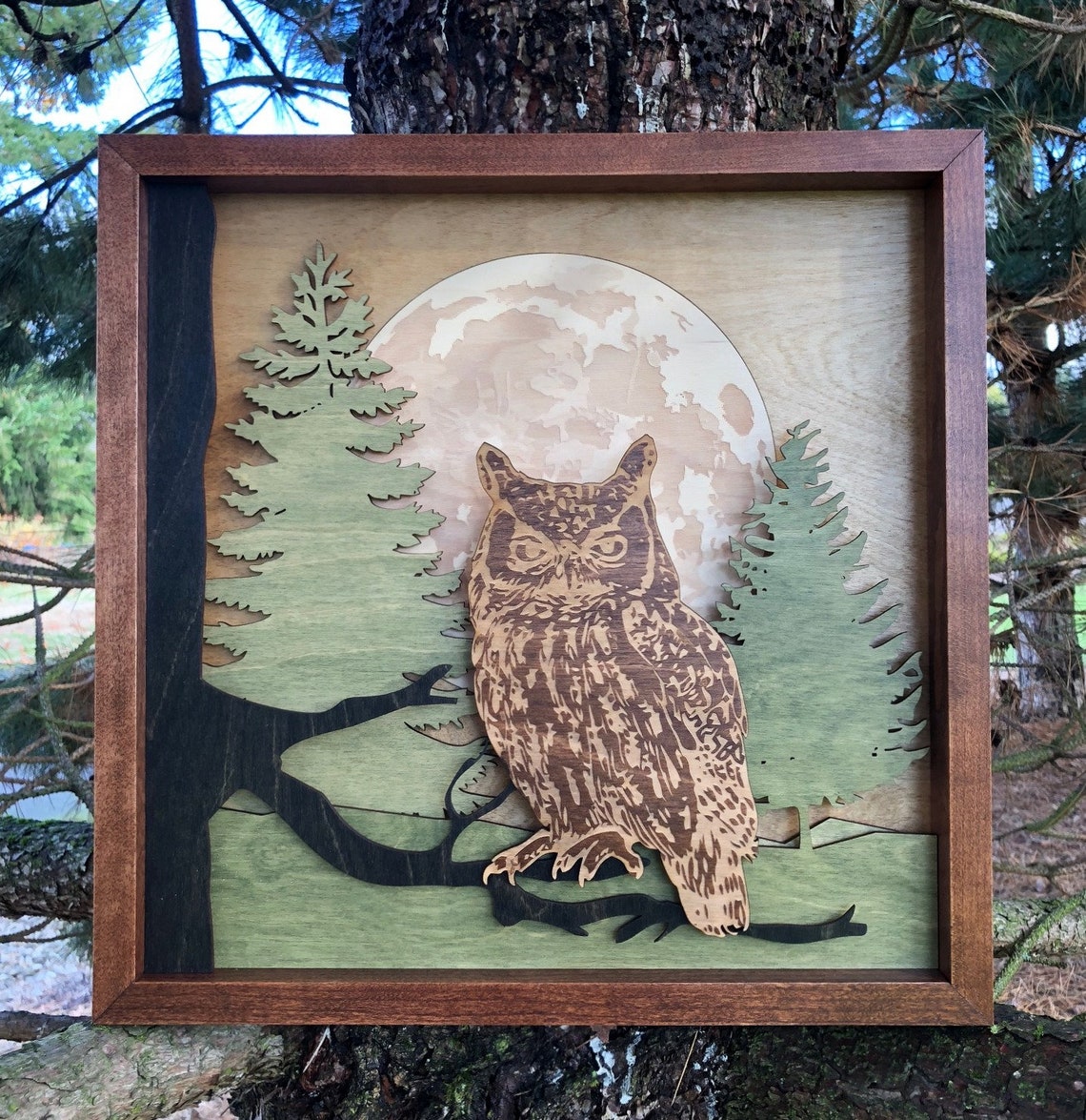 Owl in Forest Trees 3D Wood Shadow Box Scene / Laser Cut and - Etsy