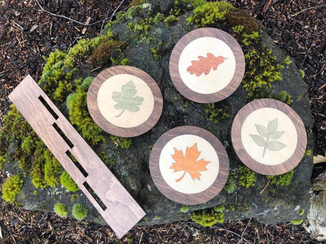 Leaf Leaves Wood Beverage Coasters Set of 4 in Stand / | Etsy