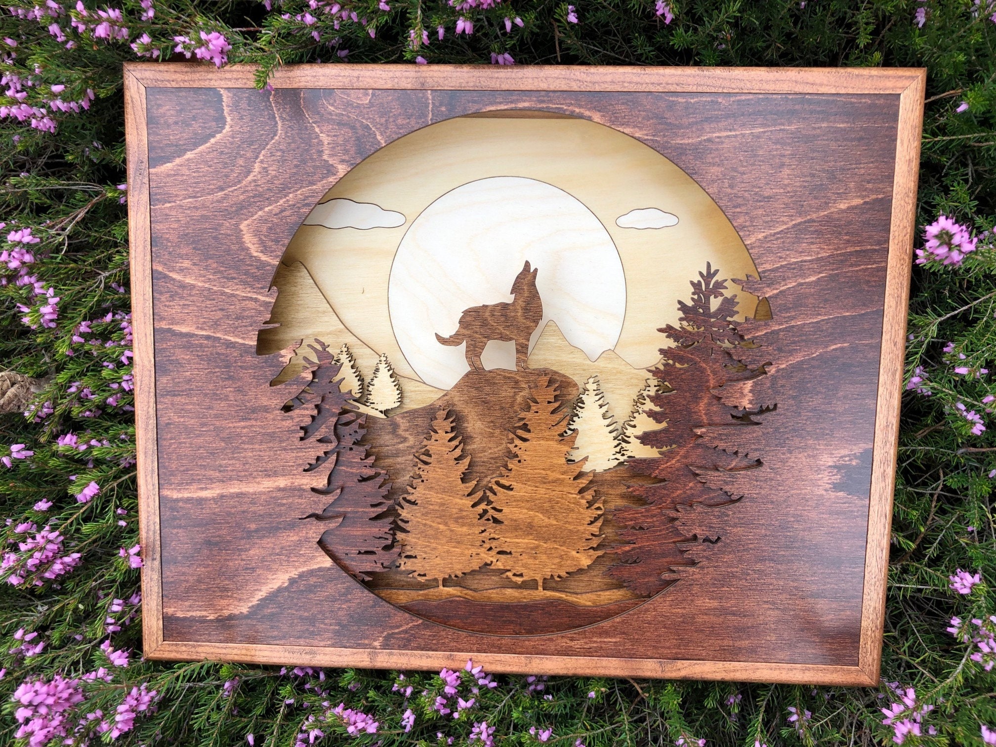 Howling Wolf Wood Shadow Box, Mountain Forest Scene - Etsy