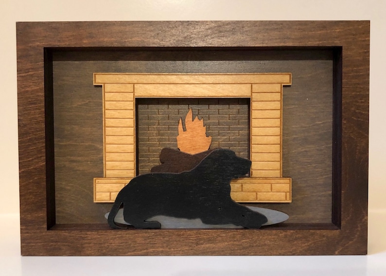 Black Lab Dog by Fireplace 3D Shadow Box Wood Scene / Labrador | Etsy