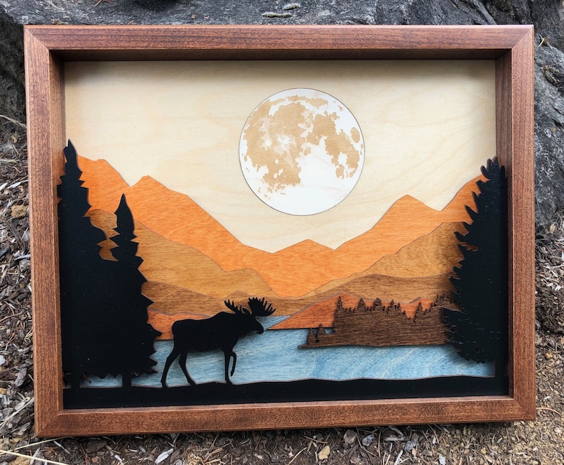 Moose in Forest by Lake Mountains / 3D Solid Wood Shadow Box | Etsy