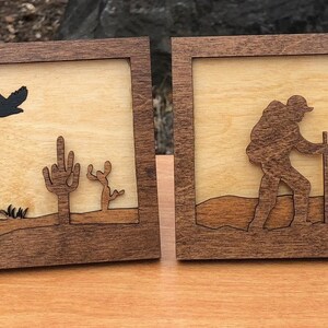 Desert Landscape 4x4" Scene, 3D Wood Shadow Box Wood, Cactus and Hawk ...