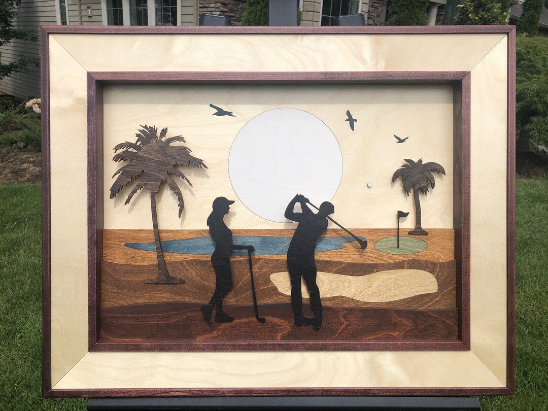 Golfers 3D Wood Shadow Box Scene Inlaid, Etched / Golfing / Water ...