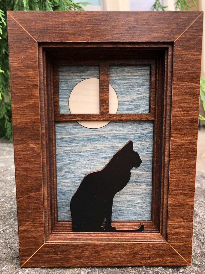 Black Cat in Moonlight Window 3D Wood Shadow Box / by - Etsy