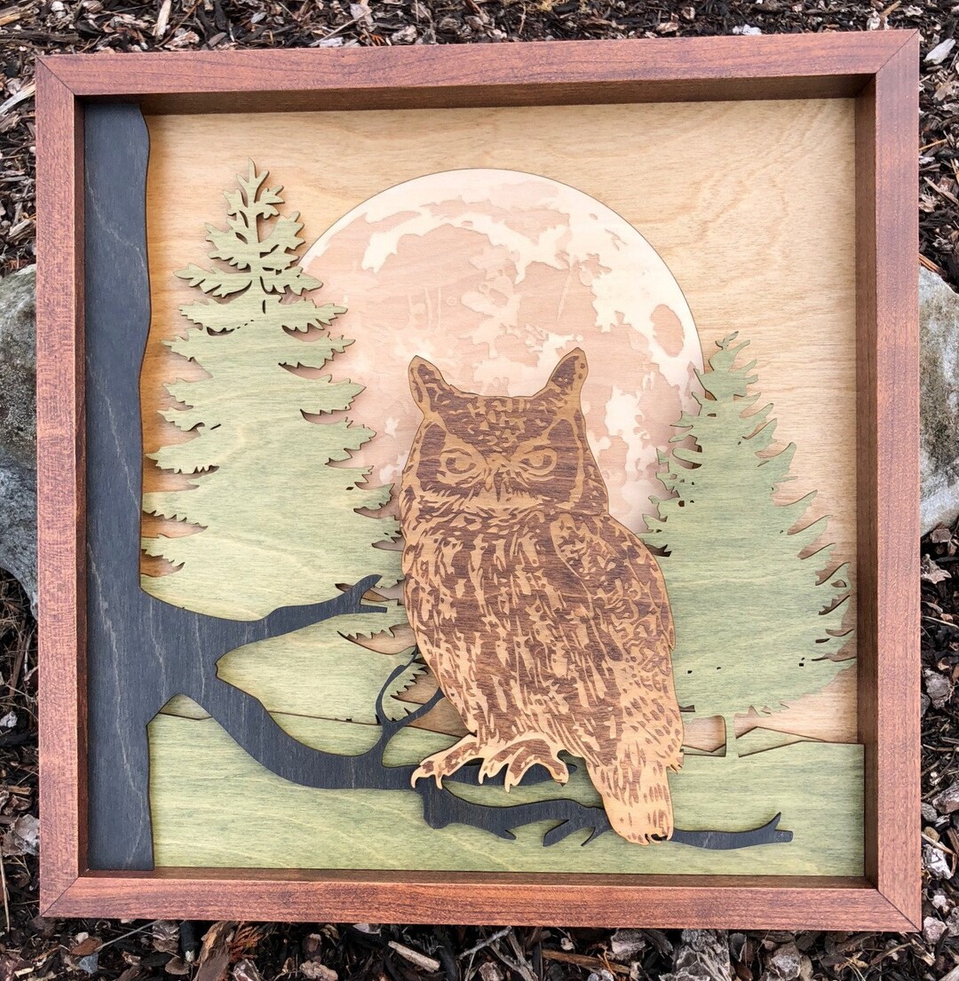 Owl in Forest Trees 3D Wood Shadow Box Scene / Laser Cut and Inlaid ...