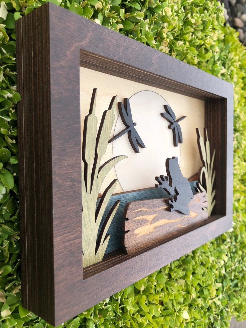Frog on A Log With Dragonflies 3D Wood Shadow Box Scene / | Etsy