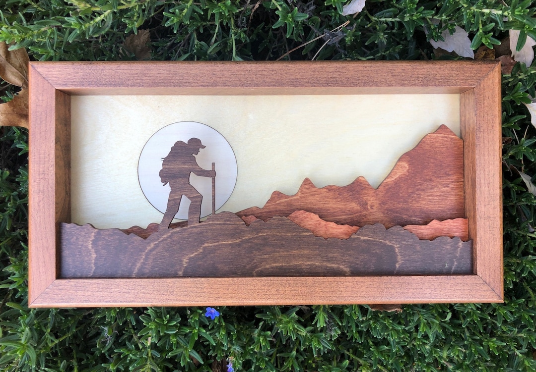 3D Wood Hiker Shadow Box, Mountain Scene, Handmade Cherry Frame - Etsy
