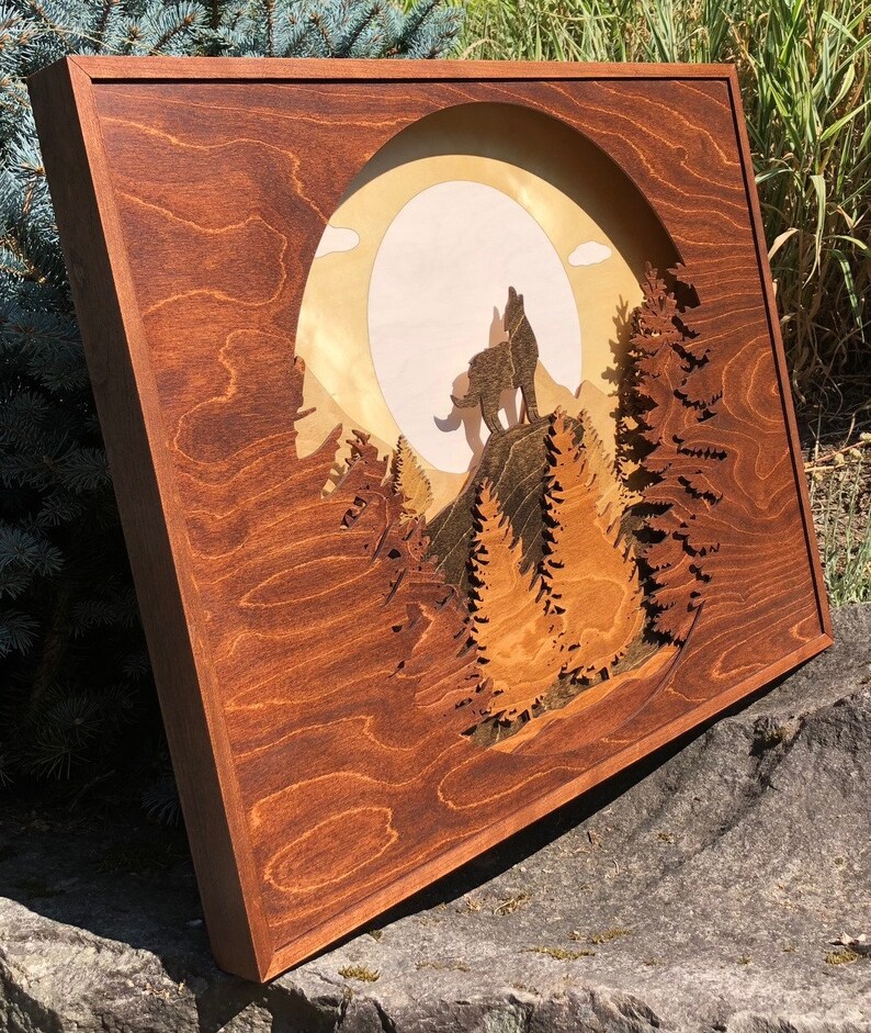 Howling Wolf 3D Wood Shadow Box Wilderness Scene / Inlaid and | Etsy