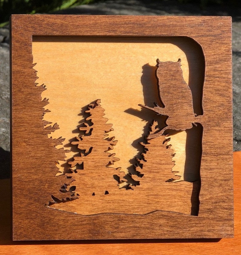Owl in Forest 3D Shadow Box Wood 4x4 Small - Etsy
