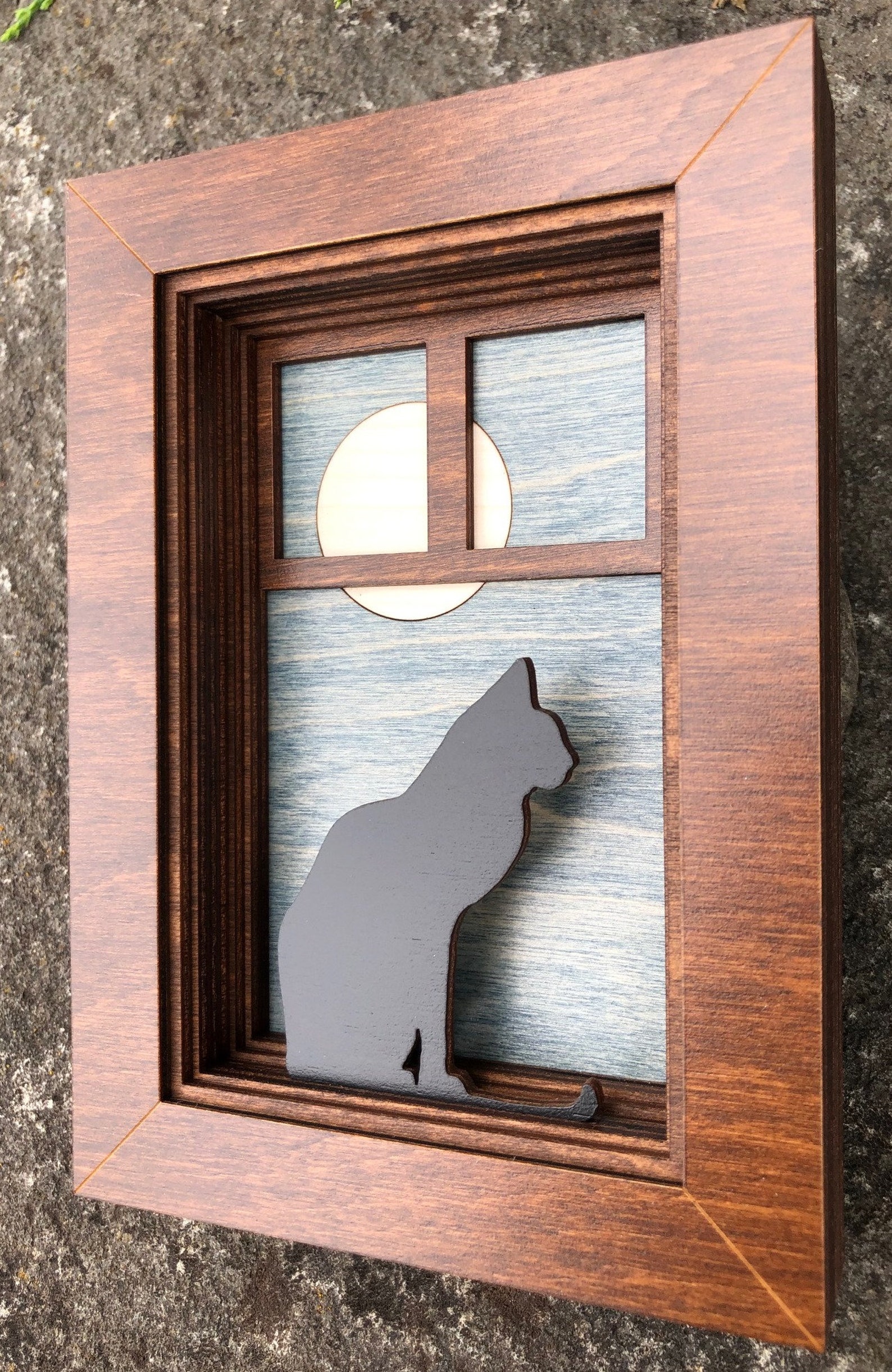 Black Cat in Moonlight Window 3D Wood Shadow Box / By | Etsy