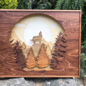 Howling Wolf 3D Wood Shadow Box Wilderness Scene / Inlaid and Laser Cut ...