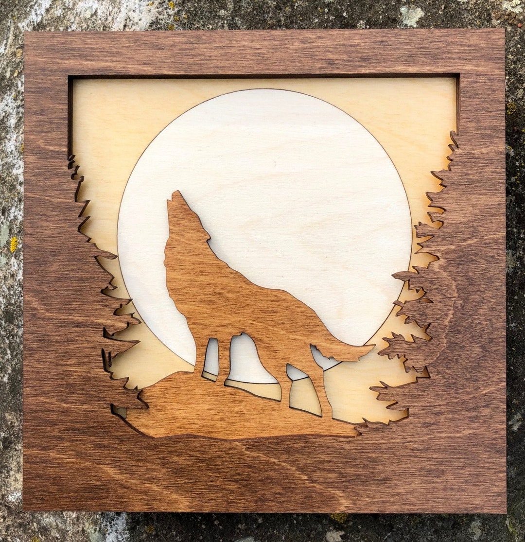 Howling Wolf in Forest 3D Shadow Box Wood Scene / Handcrafted Laser Cut ...