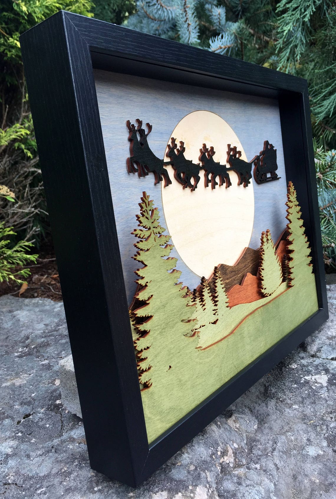 Santa Sleigh and Reindeer Christmas 3D Wood Shadow Box Scene | Etsy