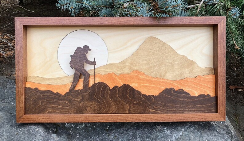 3D Wood Hiker Shadow Box: Mountain Landscape Inlay Art - Etsy