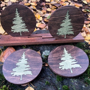 Evergreen Tree Inlaid Wood Coasters, Set of 4 in Stand, Laser Cut Wood ...