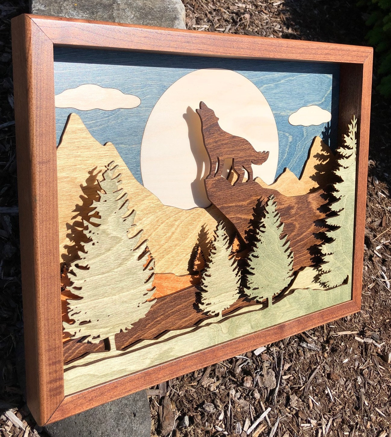 Howling Wolf 3D Wood Shadow Box / Laser Cut and Inlaid / | Etsy