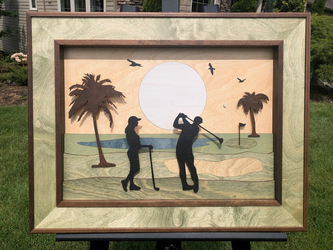 Golfers 3D Wood Shadow Box Scene Inlaid, Etched / Water Hazard Sandtrap ...