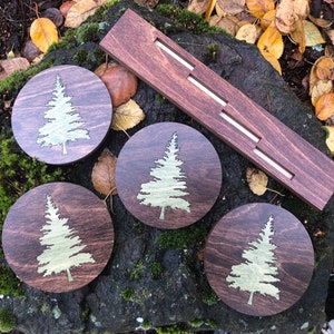 Evergreen Tree Inlaid Wood Coasters, Set of 4 in Stand, Laser Cut Wood ...