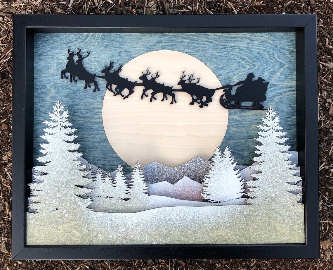 Santa Sleigh and Reindeer Christmas 3D Wood Shadow Box Scene - Etsy