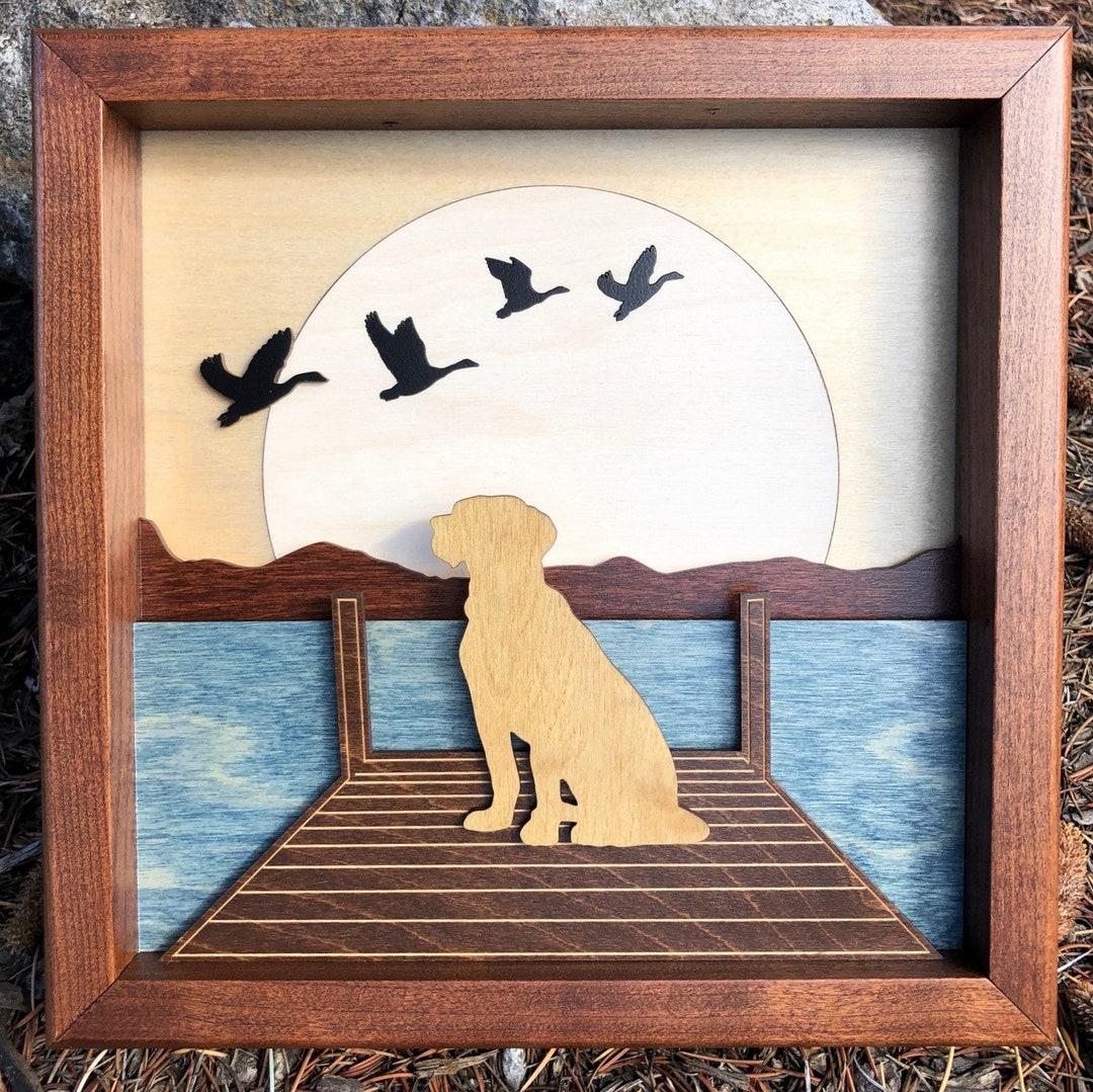 Yellow Labrador 3D Wood Shadow Box / Golden Retriever/ Dog on Dock With ...