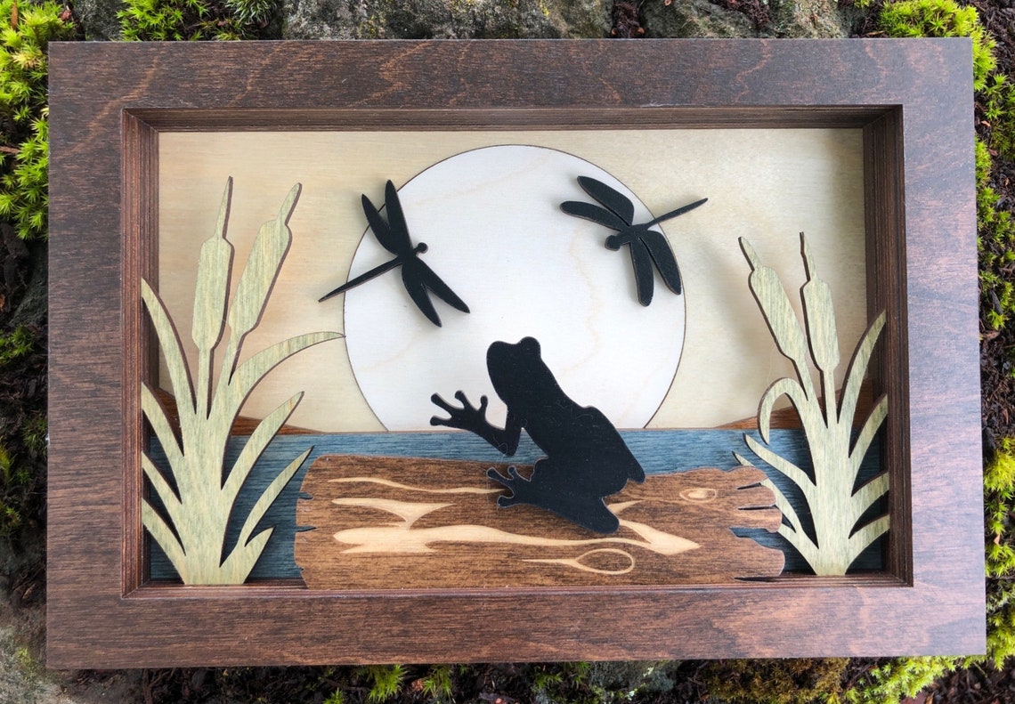 Frog on A Log With Dragonflies 3D Wood Shadow Box Scene / | Etsy