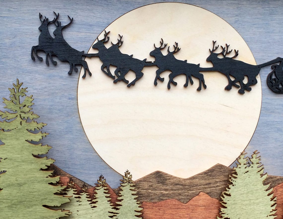 Santa Sleigh and Reindeer Christmas 3D Wood Shadow Box Scene | Etsy