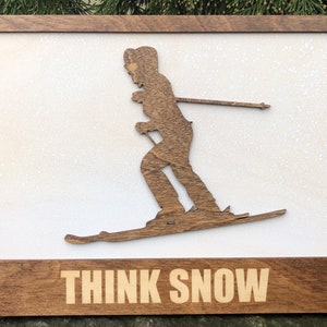 Skier "think Snow" Funny Wall Plaque / 3D Laser Cut Wood / Handcrafted ...