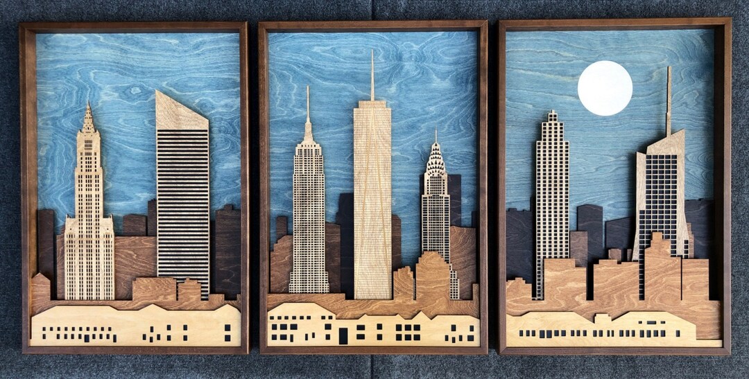 New York City Skyline 3D Wood Shadow Box Tríptico / Corte - Etsy España