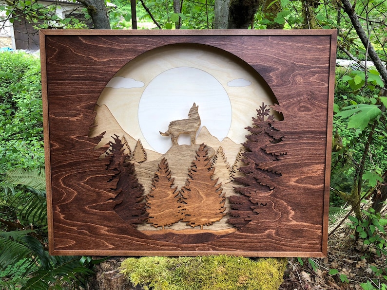 Howling Wolf 3D Wood Shadow Box Wilderness Scene / Inlaid and | Etsy