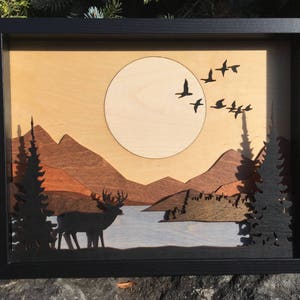 Deer in Forest by Lake 3D Wood Shadow Box Landscape Scene / Inlaid ...