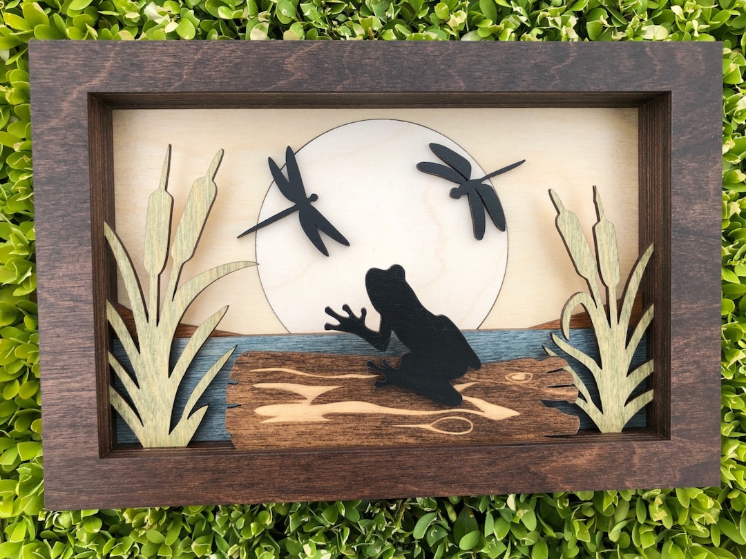Frog on A Log With Dragonflies 3D Wood Shadow Box Scene / Laser Cut ...