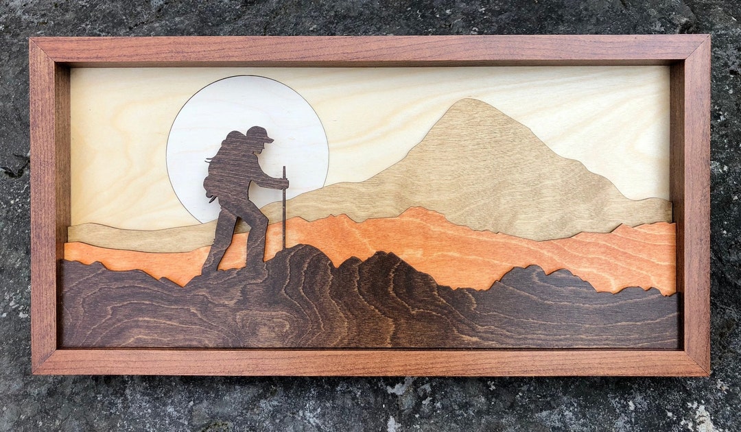 3D Wood Hiker Shadow Box: Mountain Landscape Inlay Art - Etsy