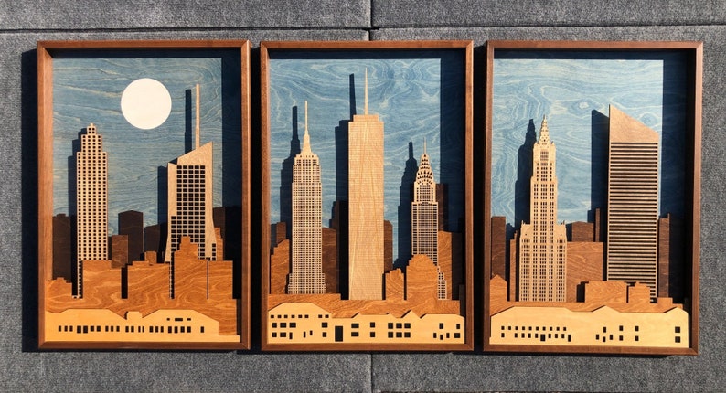 New York City Skyline 3D Wood Shadow Box Tríptico / Corte - Etsy España