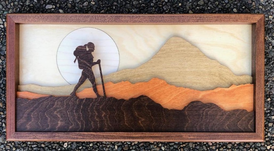 Handcrafted Female Hiker Shadow Box: Wood Inlaid Mountain Scene - Etsy