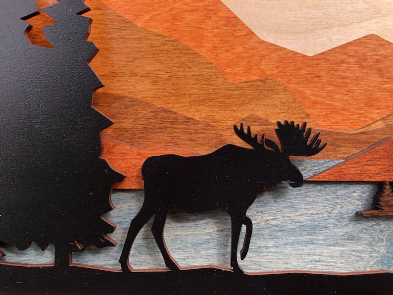Moose in Forest by Lake Mountains / 3D Solid Wood Shadow Box | Etsy