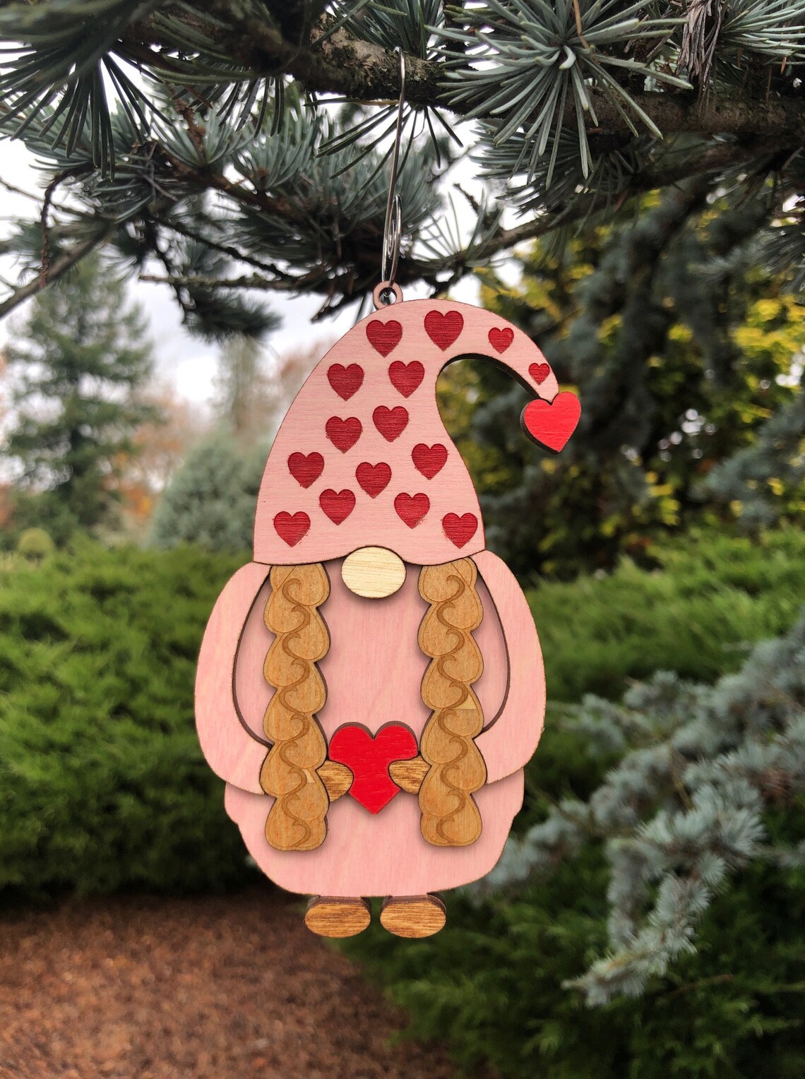 Gnome With Hearts 3D Wood Ornament Laser Cut Etched and - Etsy