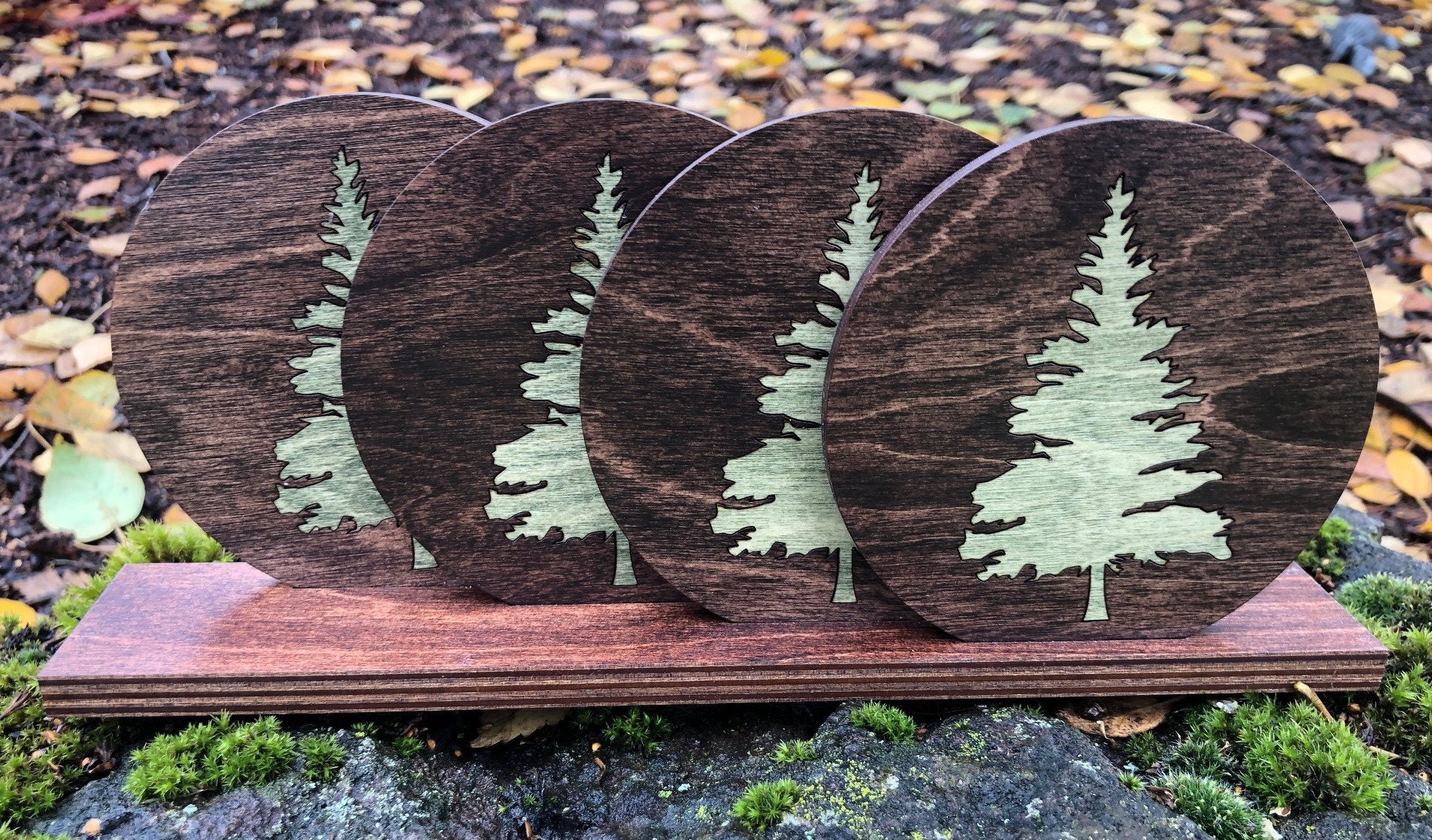 Evergreen Tree Inlaid Wood Coasters Set of 4 in Stand Laser - Etsy