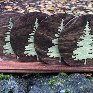 Evergreen Tree Inlaid Wood Coasters, Set of 4 in Stand, Laser Cut Wood ...
