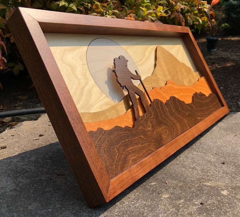 3D Wood Hiker Shadow Box: Mountain Landscape Inlay Art - Etsy