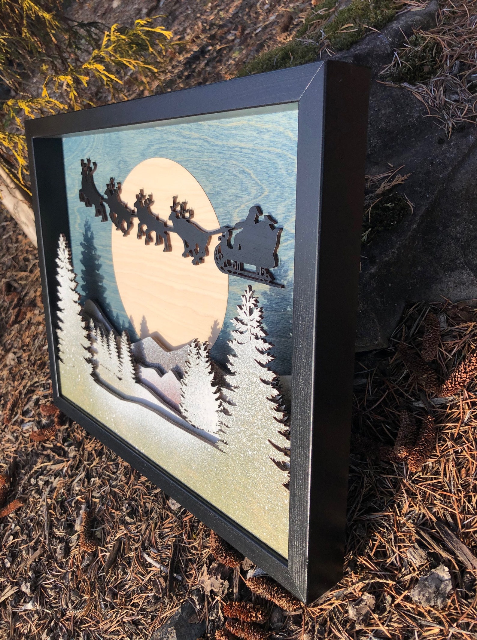 Santa Sleigh and Reindeer Christmas 3D Wood Shadow Box Scene - Etsy