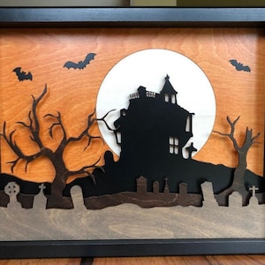 Haunted House 3D Wood Shadow Box / Laser Cut Inlaid / Bats / Graveyard ...