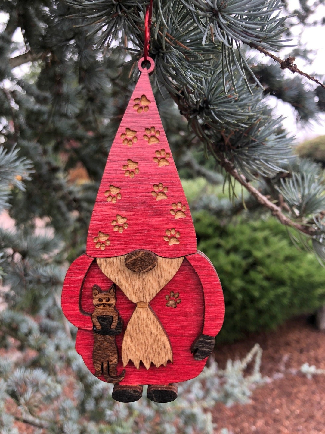 Gnome With Kitty Cat 3D Wood Ornament, Laser Cut, Etched and Inlaid ...