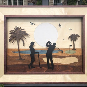 Golfers 3D Wood Shadow Box Scene Inlaid, Etched / Golfing / Water ...