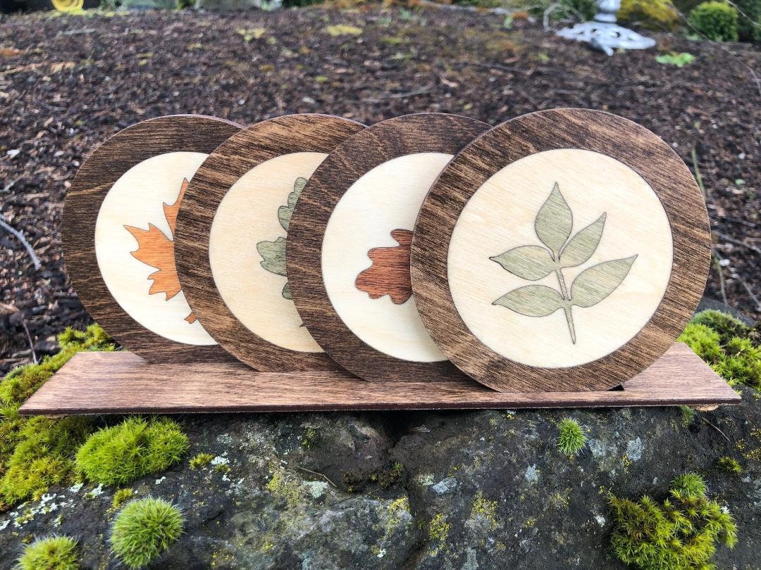 Leaf Leaves Wood Beverage Coasters Set of 4 in Stand / Precision Laser ...
